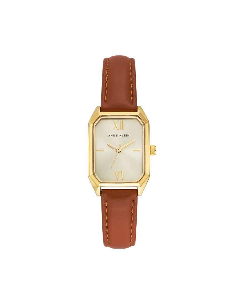 Octagonal Shaped Leather Strap Watch Black/Gold | Anne Klein